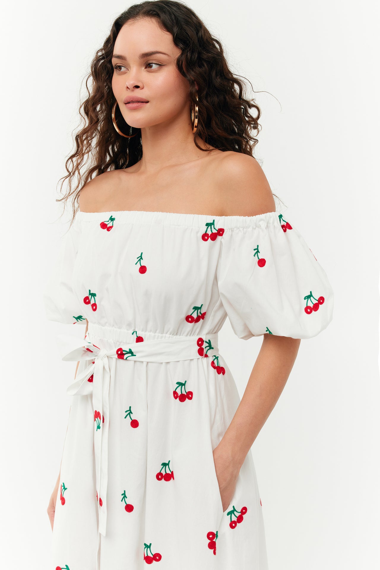 Madison Off the Shoulder Dress - Small Cherry Embroidery – HVN