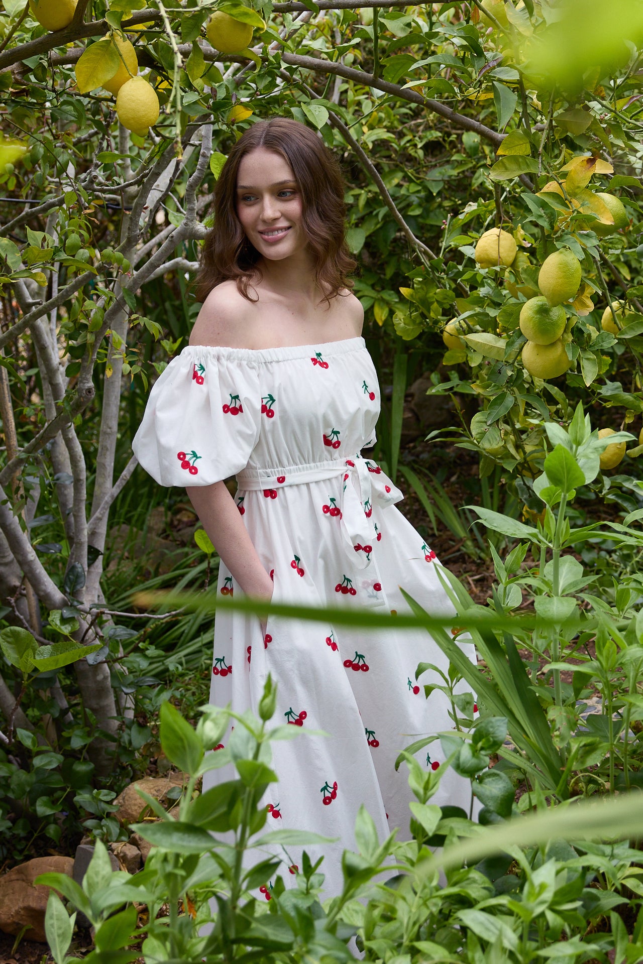 Madison Off the Shoulder Dress - Small Cherry Embroidery – HVN